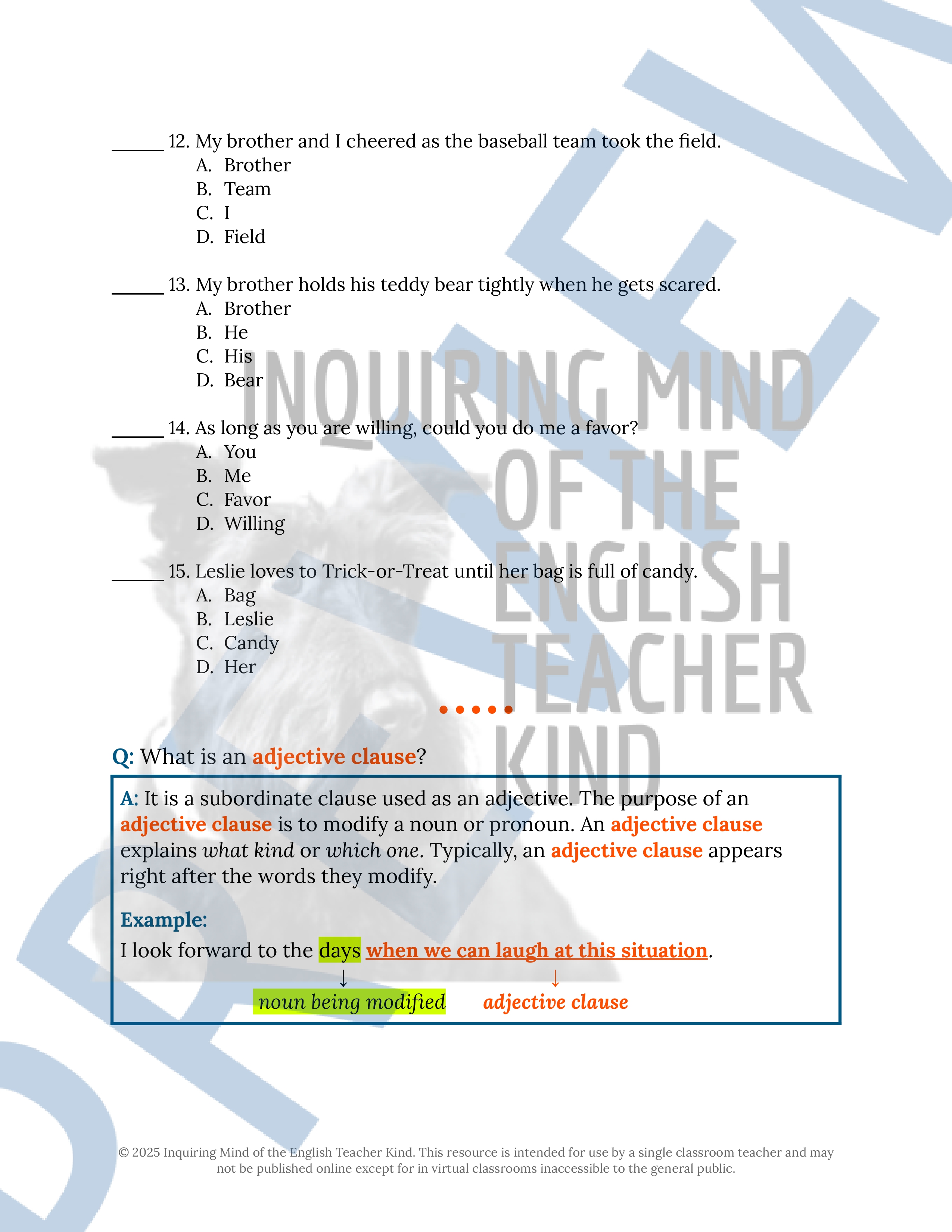 Grammar Practice Worksheet on Subordinate Clauses with Answer Key ...