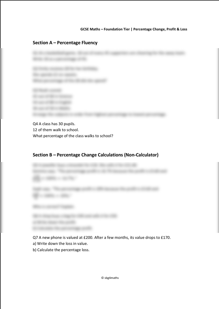 GCSE Maths Foundation – Percentage Change: Profit & Loss Worksheet with ...