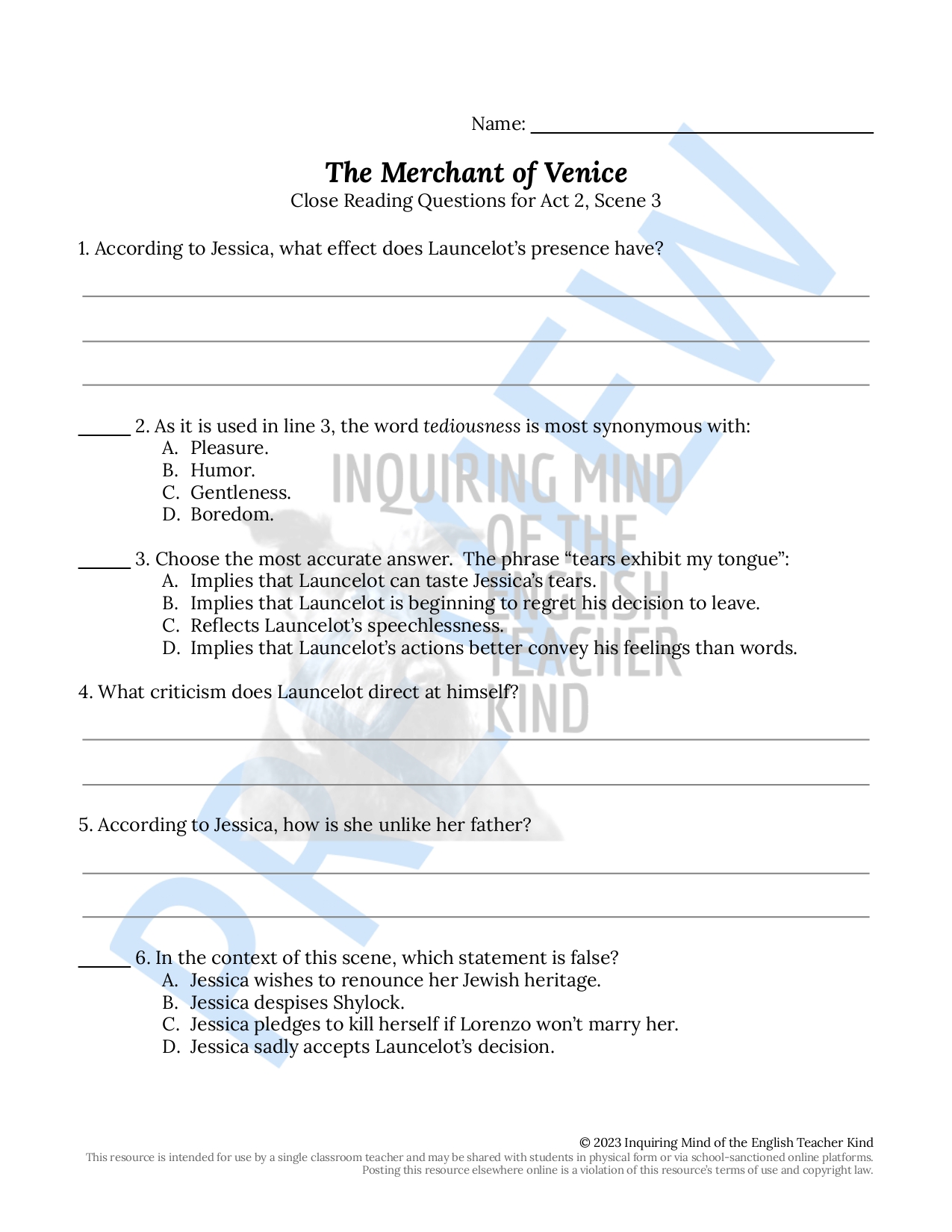 The Merchant of Venice Act 2 Scene 3 Close Reading Analysis Activity | Teaching Resources
