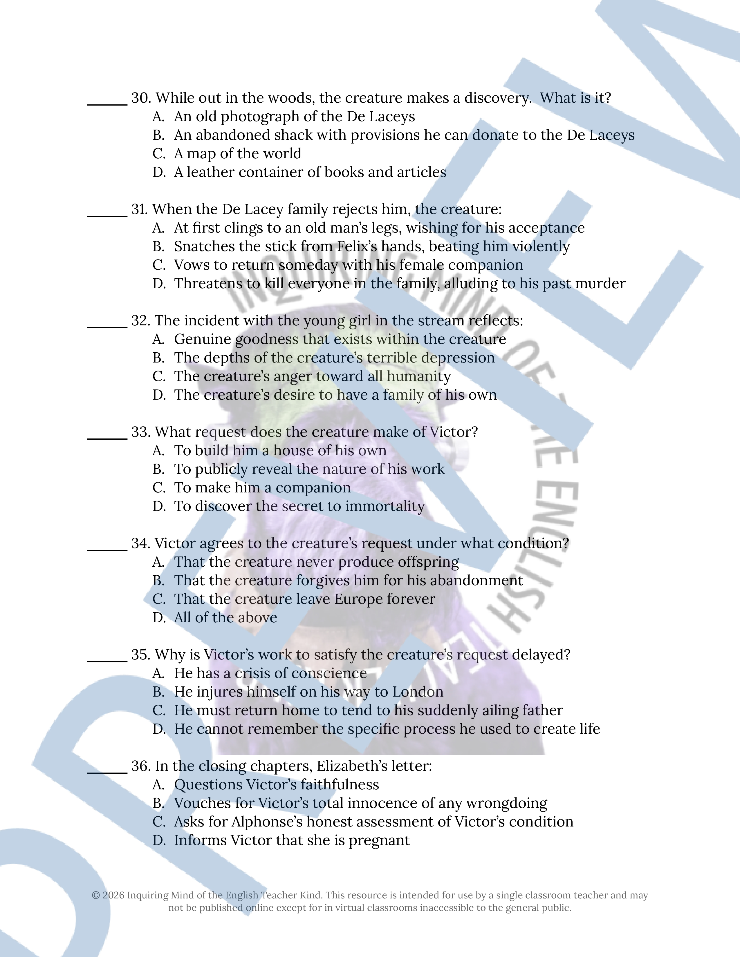 Frankenstein by Mary Shelley Test, Answer Key & Study Guide for High ...
