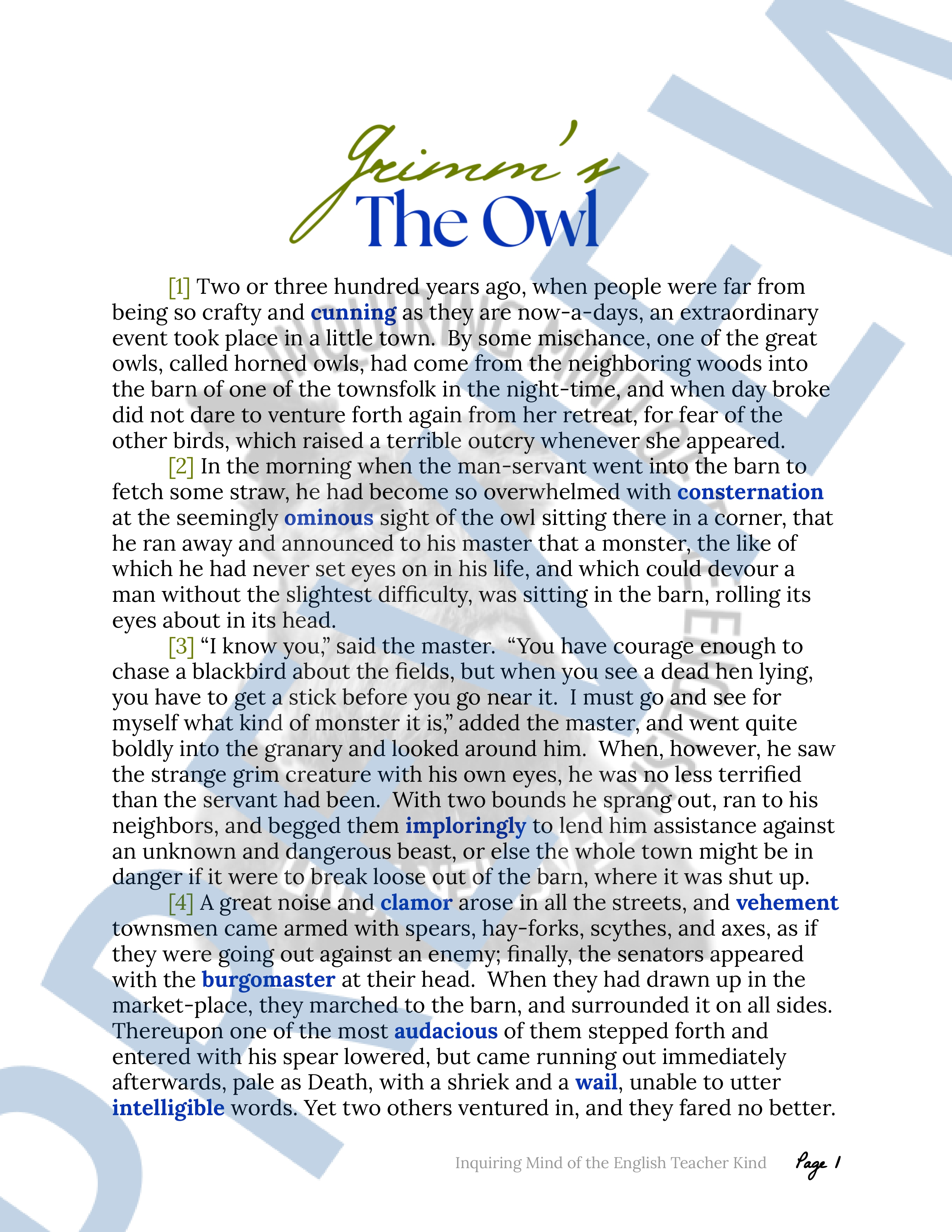 "The Owl" Quiz and Answer Key | Brothers Grimm Fairy Tale | Reading ...