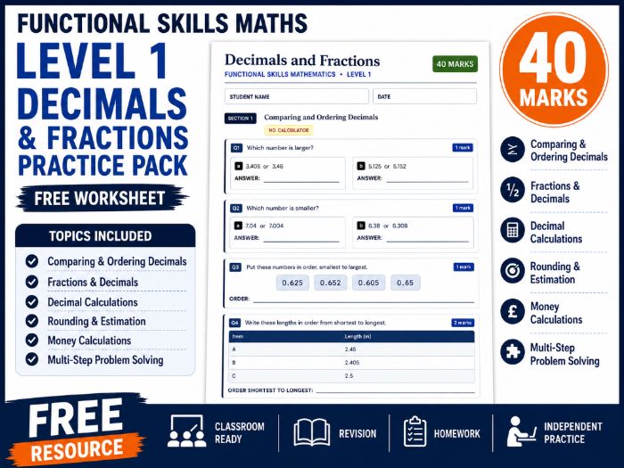 Functional Skills Maths Level 1 Decimals and Fractions Practice Pack ...