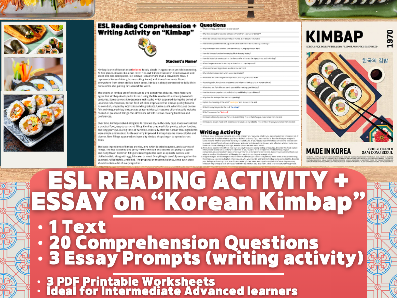 ESL Reading Comprehension + Writing Activity Worksheets - Kimbap ...