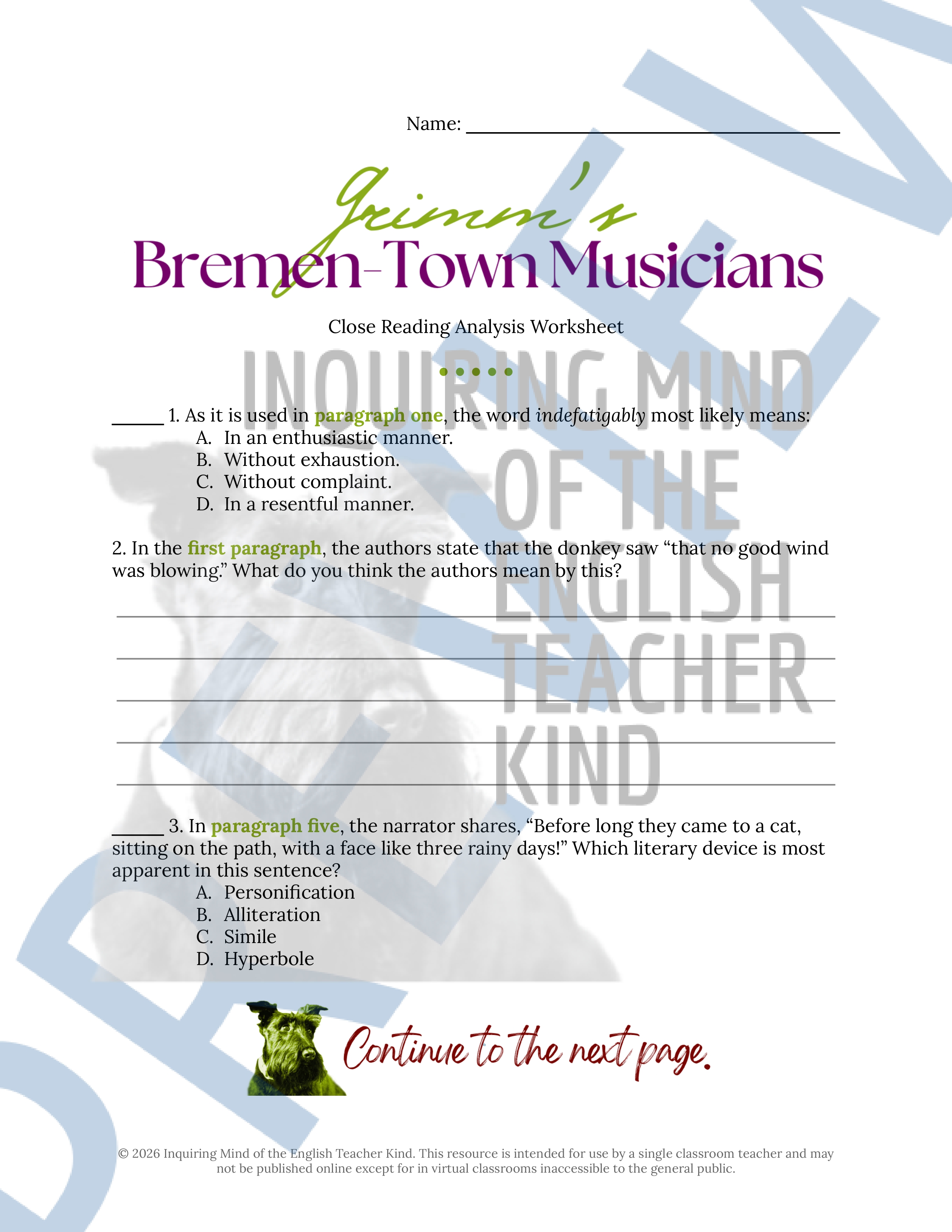 "Bremen Town Musicians" Close Reading Worksheet | Grimm's Fairy Tale ...