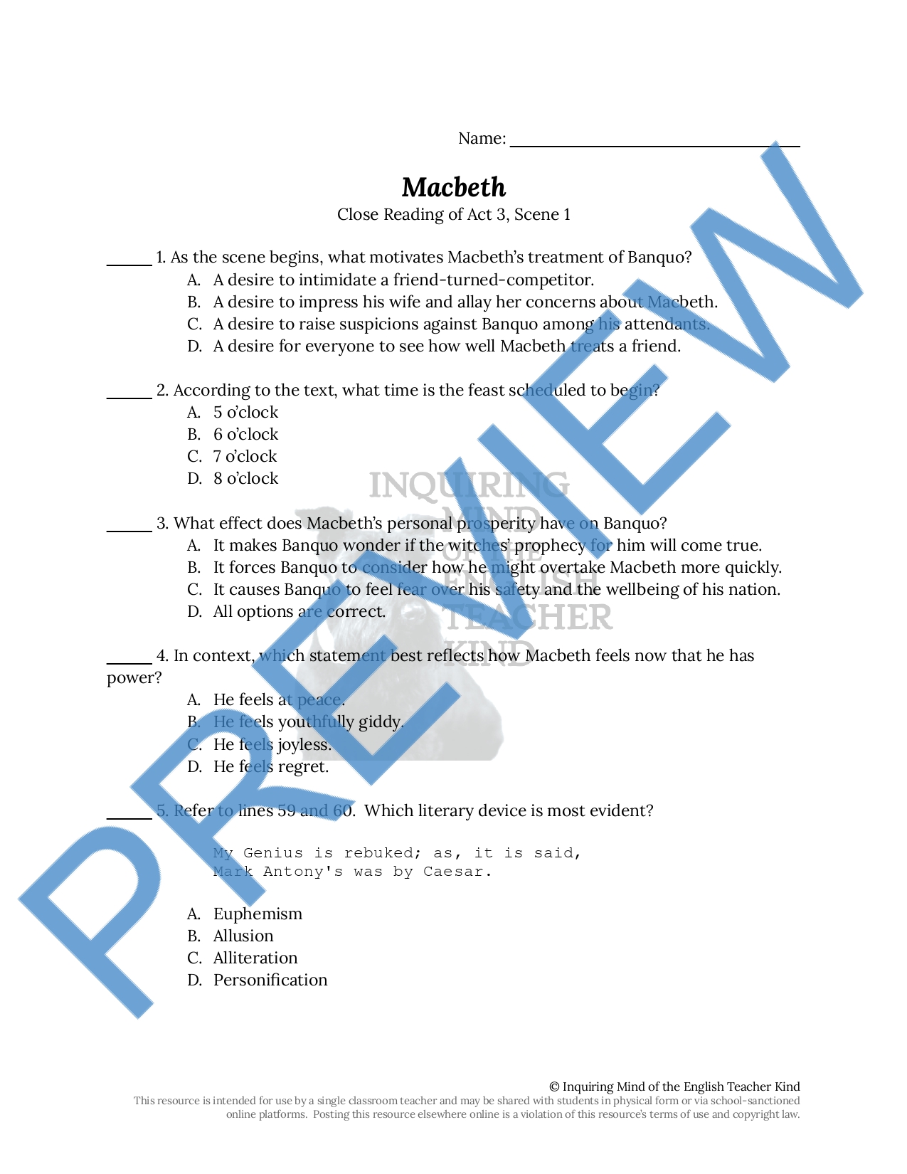 Macbeth Act 3 Scene 1 Close Reading Worksheet | Teaching Resources
