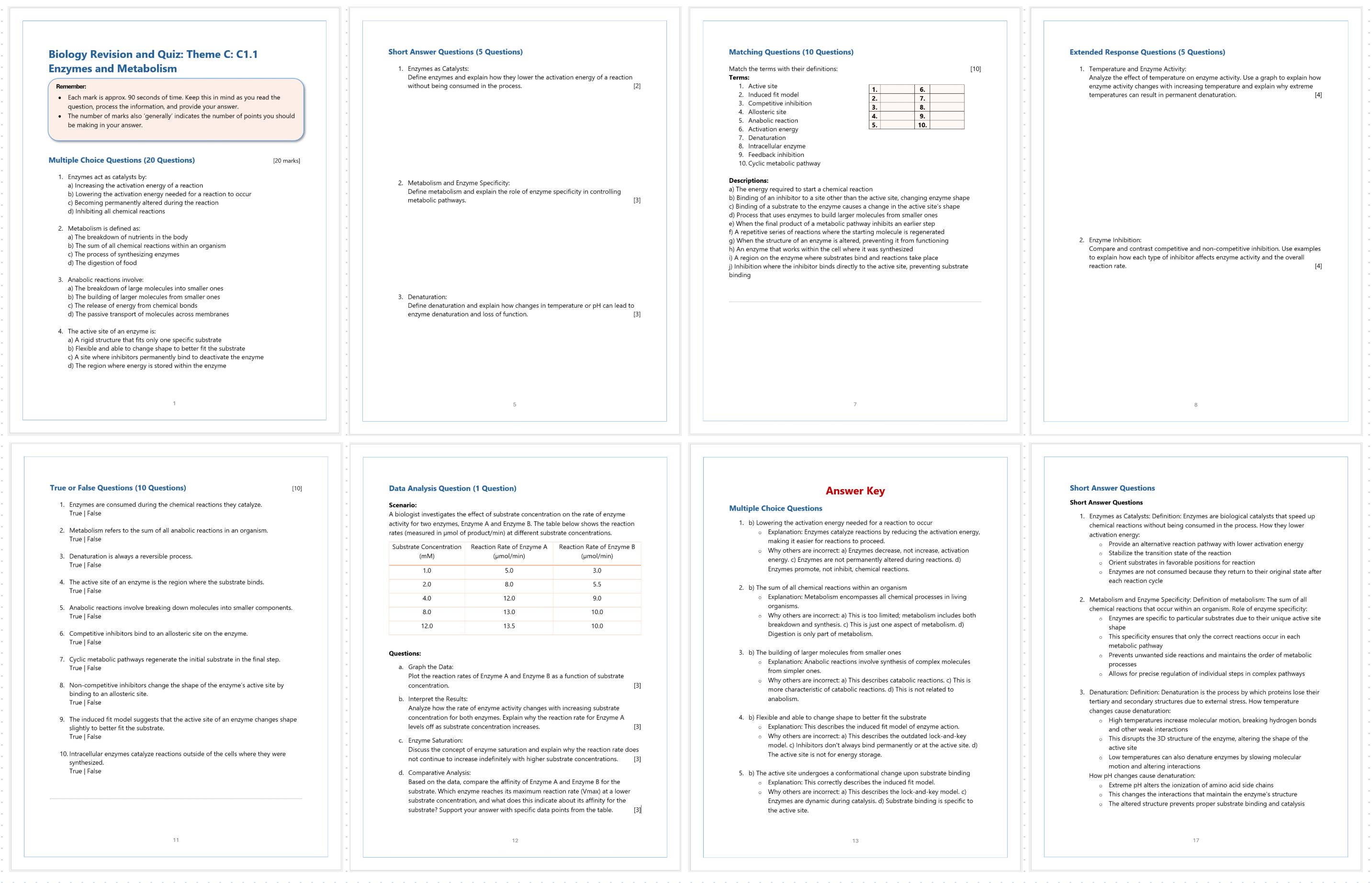 IB DP Biology C1.1 Enzymes and Metabolism Quiz and Revision Worksheets ...
