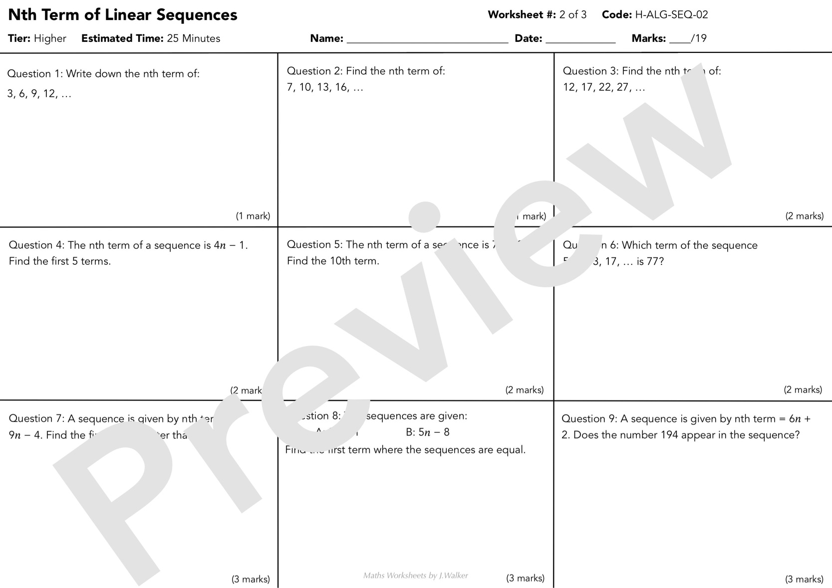 GCSE Maths Worksheet: Nth Term of Linear Sequences - Higher Tier ...