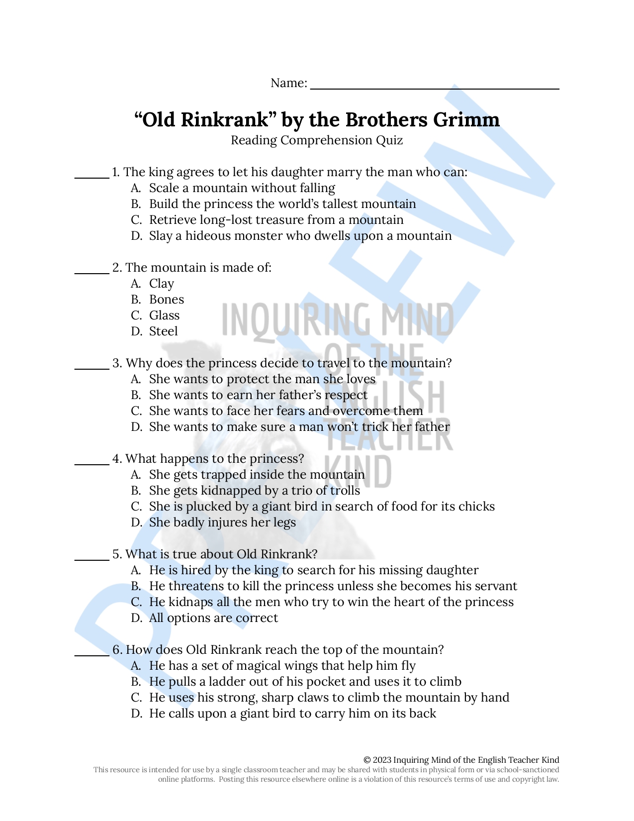 "Old Rinkrank" by the Brothers Grimm Quiz and Answer Key | Teaching ...