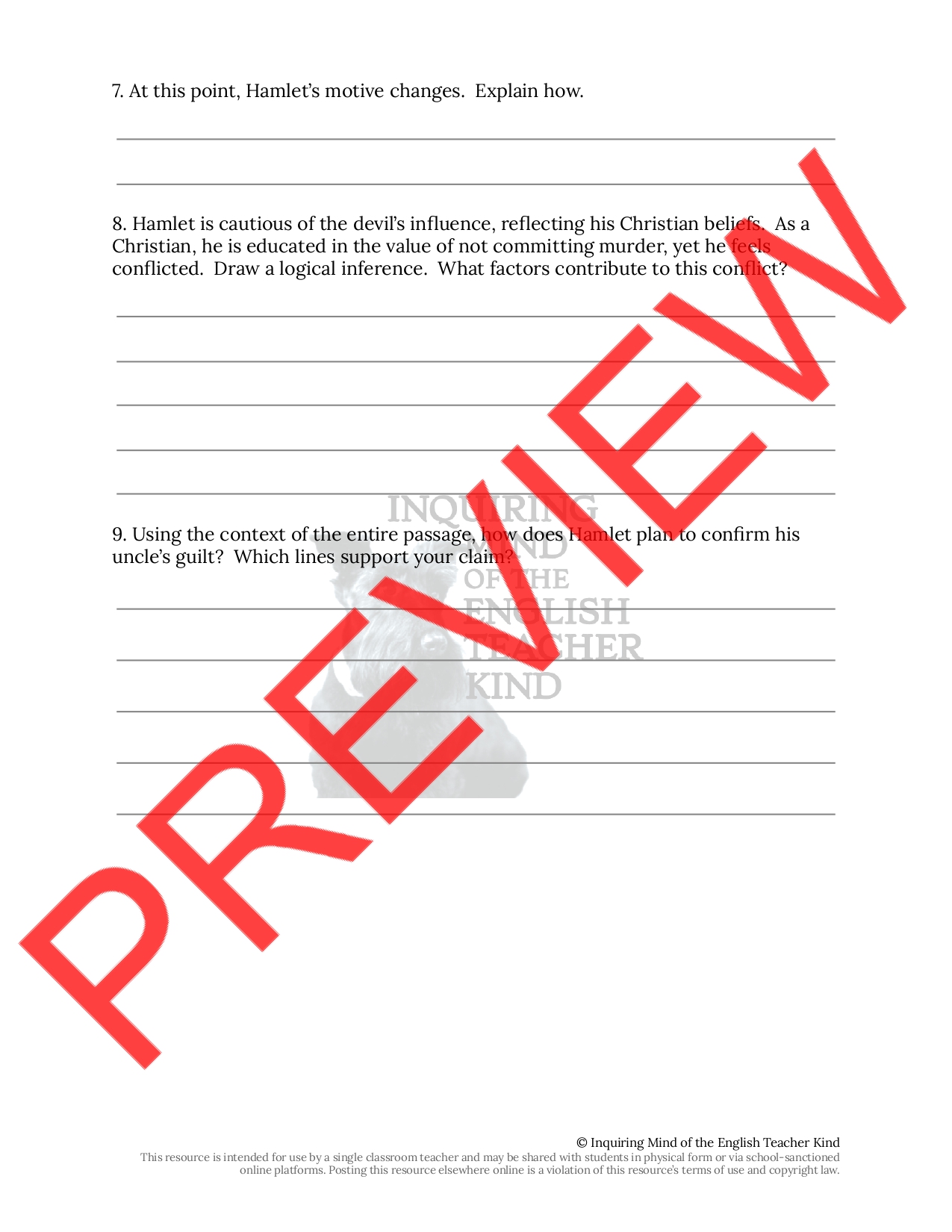 Hamlet Act 2 Scene 2 Close Reading Worksheet | Teaching Resources