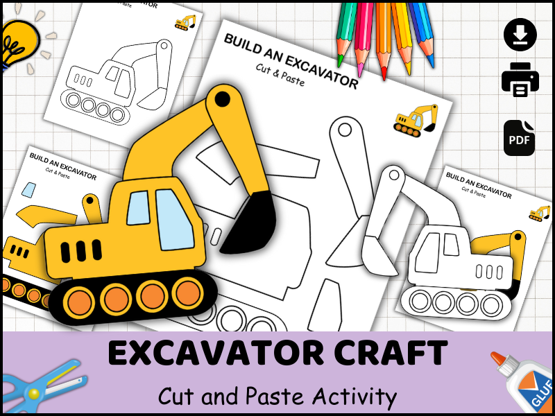 Excavator Craft for Kids, Construction Vehicle Cut and Paste Activity, Preschool Coloring ...
