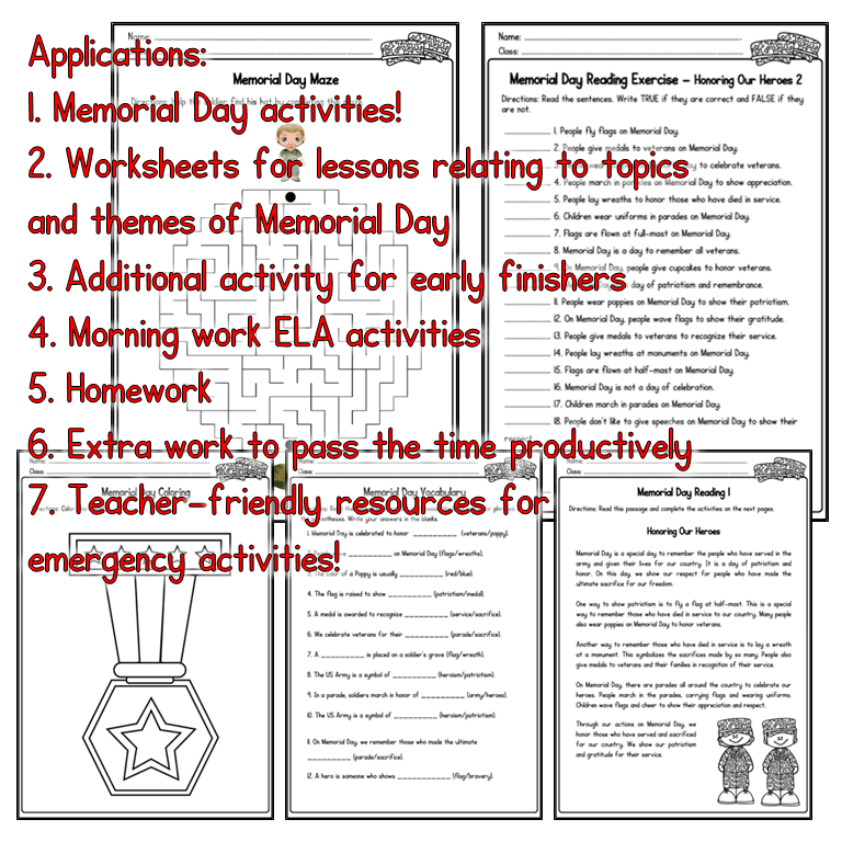 Memorial Day No-Prep ELA Worksheets | Teaching Resources