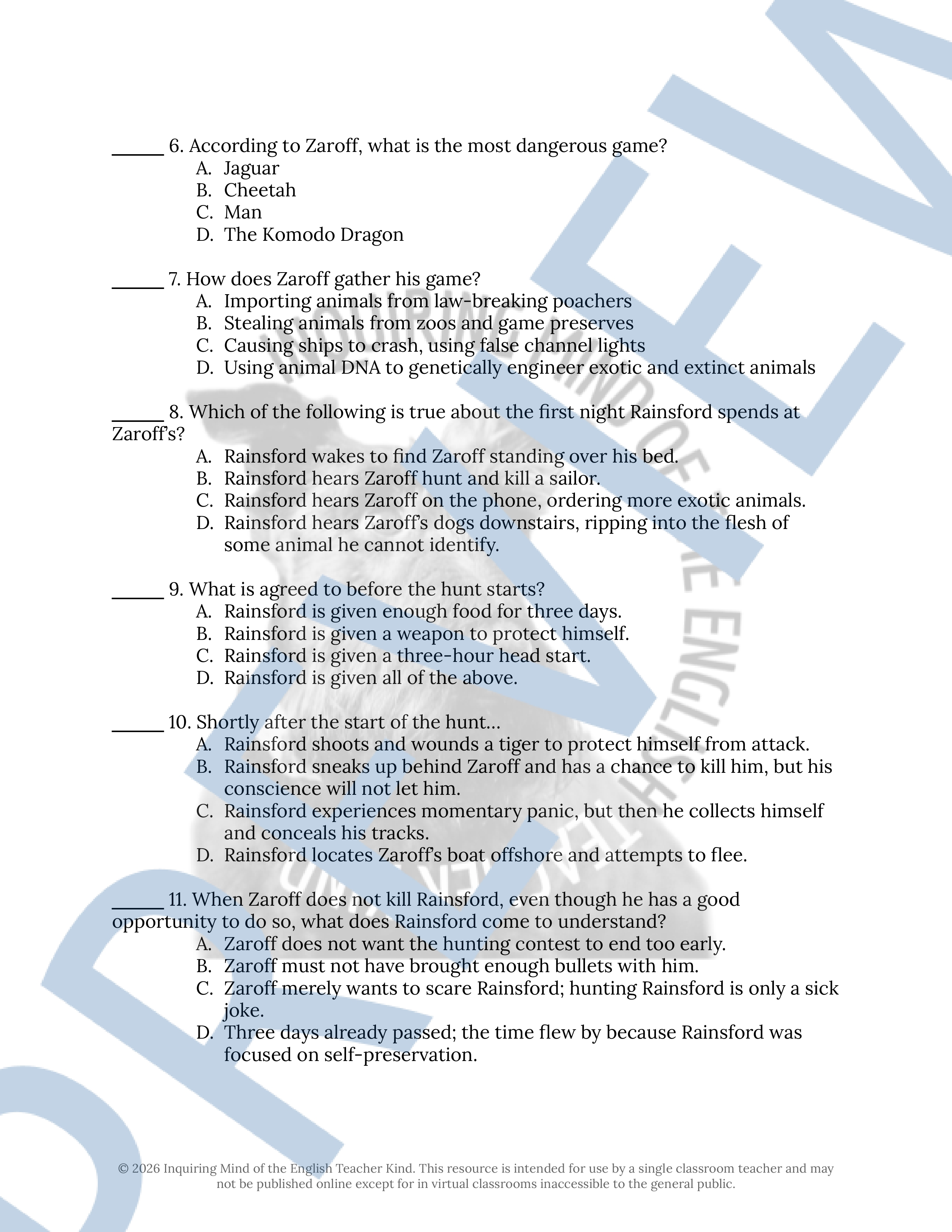 "The Most Dangerous Game" by Richard Connell Quiz and Answer Key ...