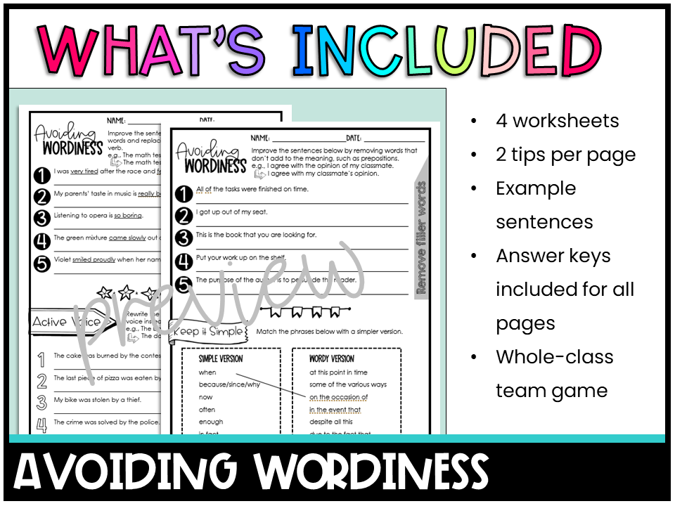 Eliminate Wordiness and Redundancy Worksheets Year 7, 8, 9 | Teaching ...
