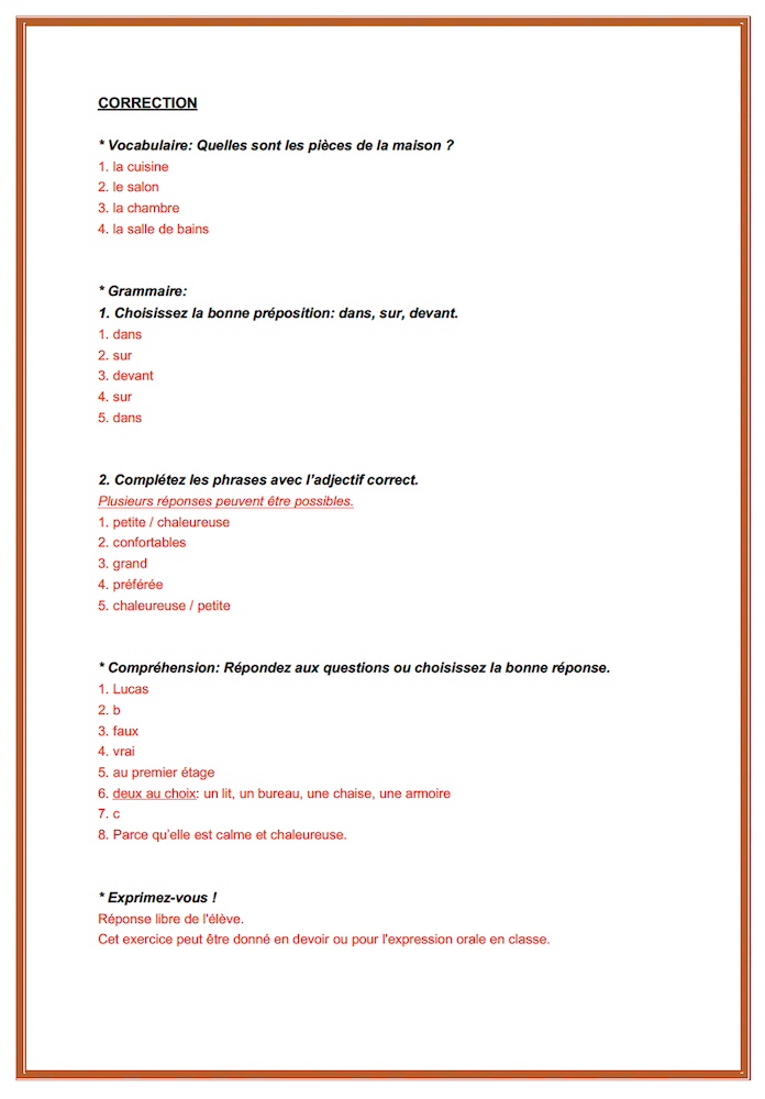 French year 7 or 8 (grade 6 or 7): ma maison (vocabulary, grammar ...