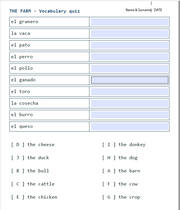 THE FARM - SPANISH ENGLISH VOCABULARY QUIZ | Teaching Resources