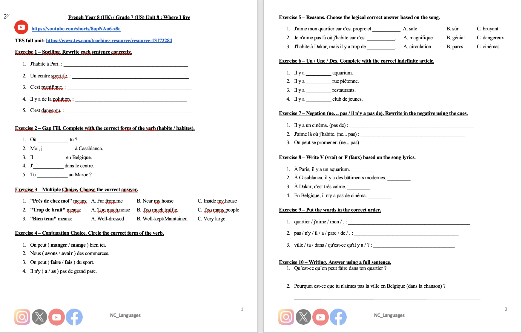 08. FRENCH SONG Year 8. Unit 8: Où habites-tu ? (Lyrics, Worksheet and ...