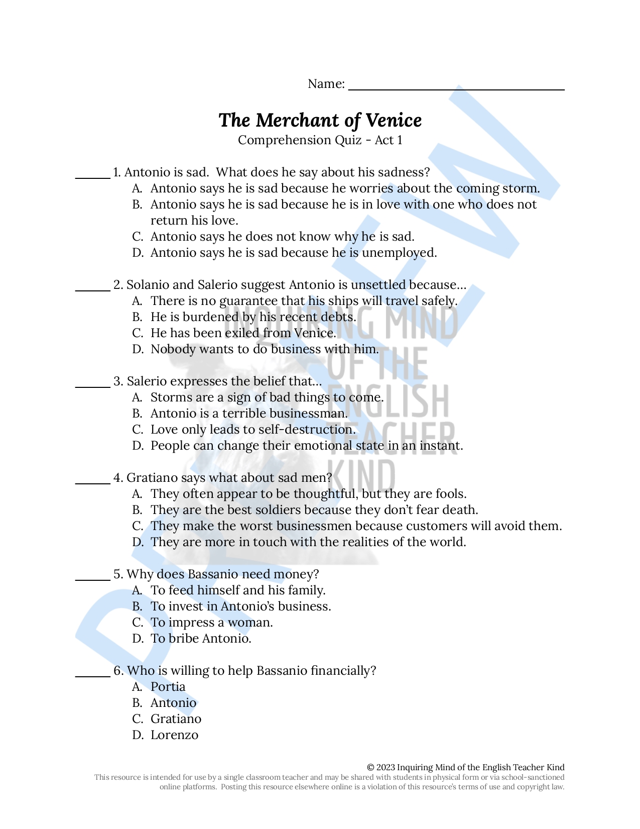 The Merchant of Venice Act 1 Quiz and Answer Key | Teaching Resources