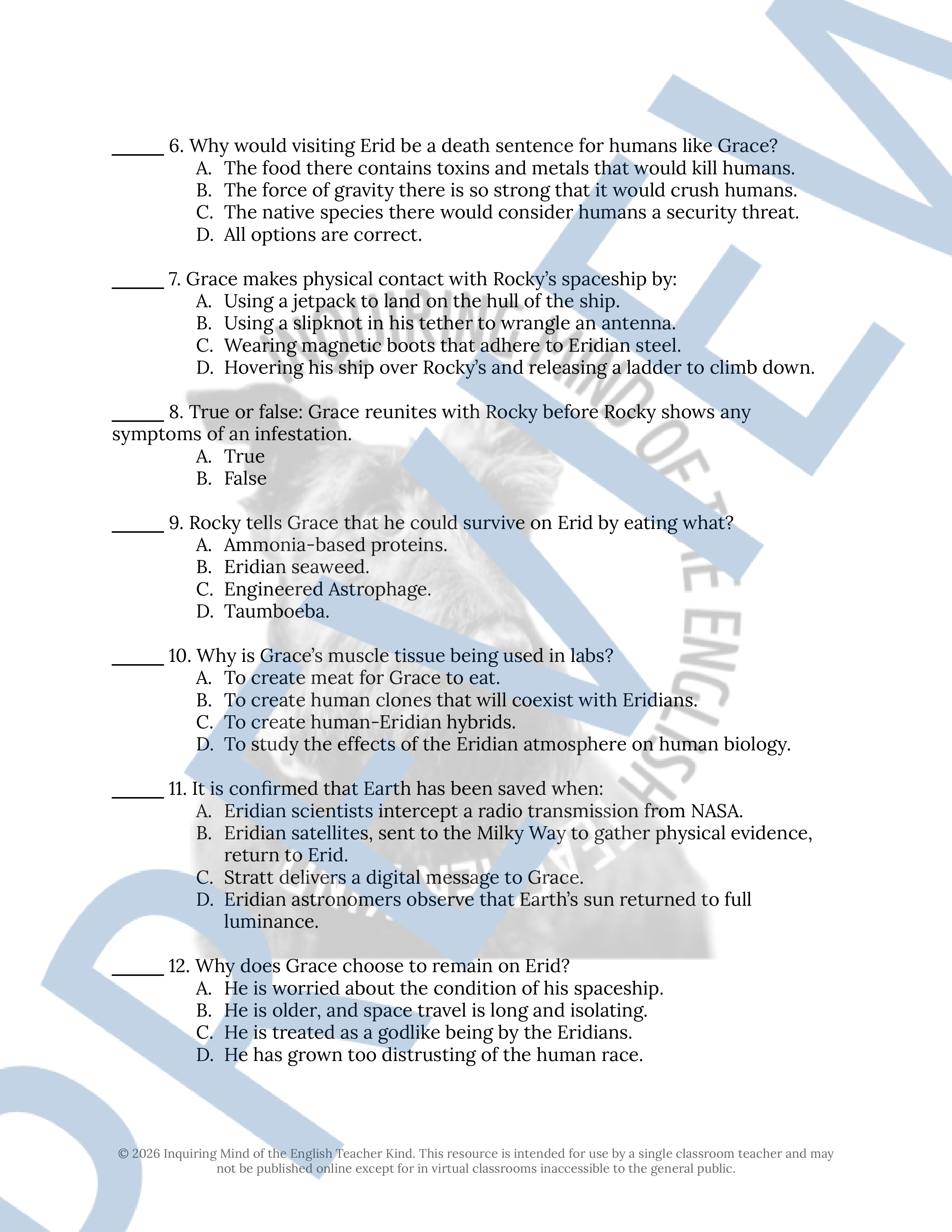 Project Hail Mary Chapters 28, 29, and 30 Quiz and Answer Key | Science ...