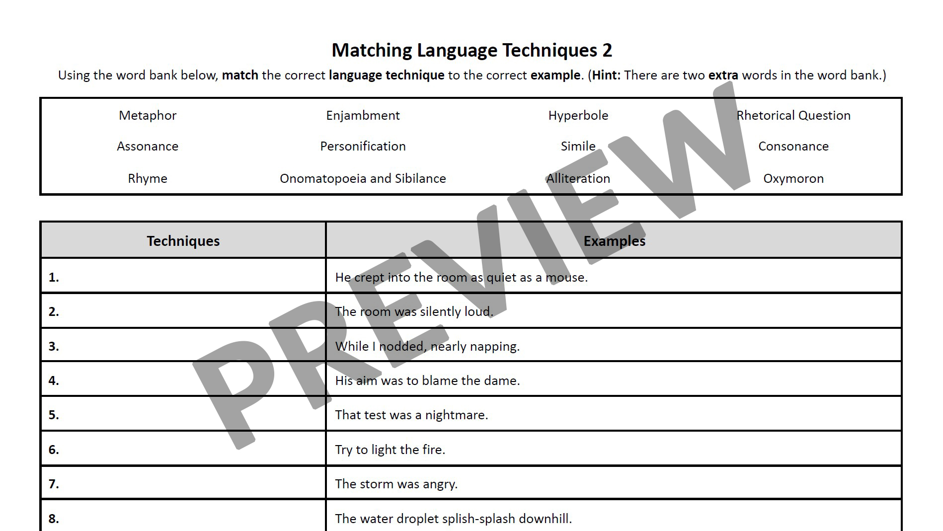 Matching Language Techniques 1 and 2 Worksheets | Teaching Resources