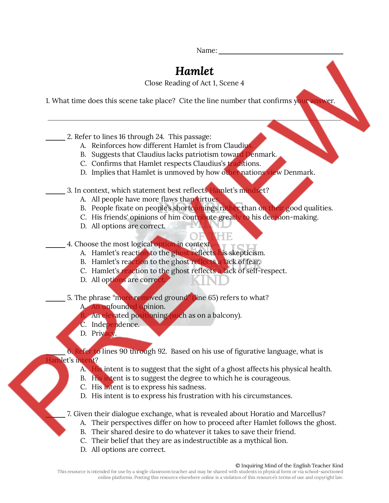 Hamlet Act 1 Scene 4 Close Reading Worksheet | Teaching Resources
