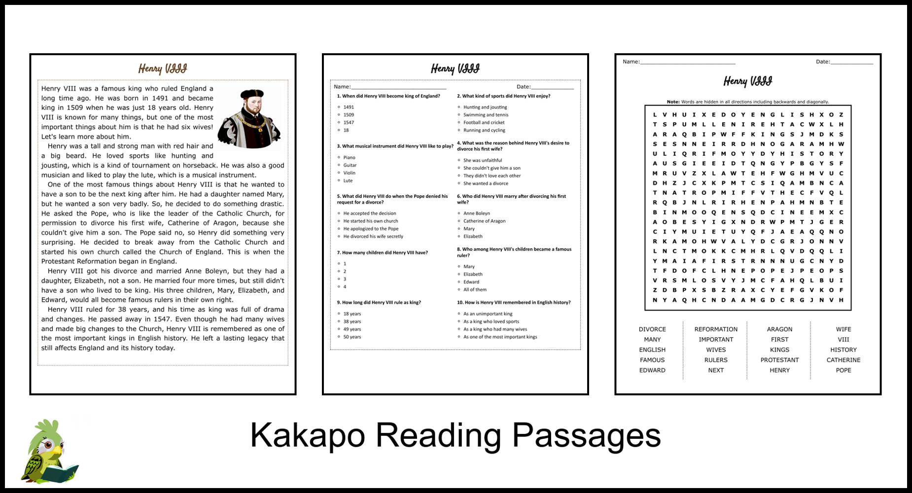 Henry VIII Reading Comprehension and Word Search | Teaching Resources