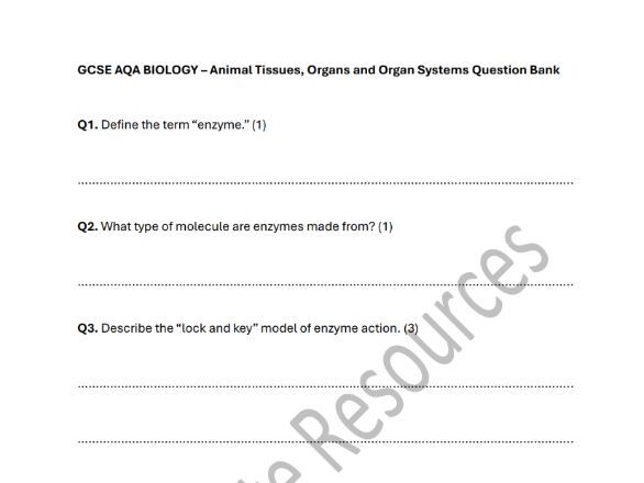 GCSE AQA BIOLOGY - ANIMAL TISSUES, ORGANS AND ORGAN SYSTEMS QUESTIONS ...