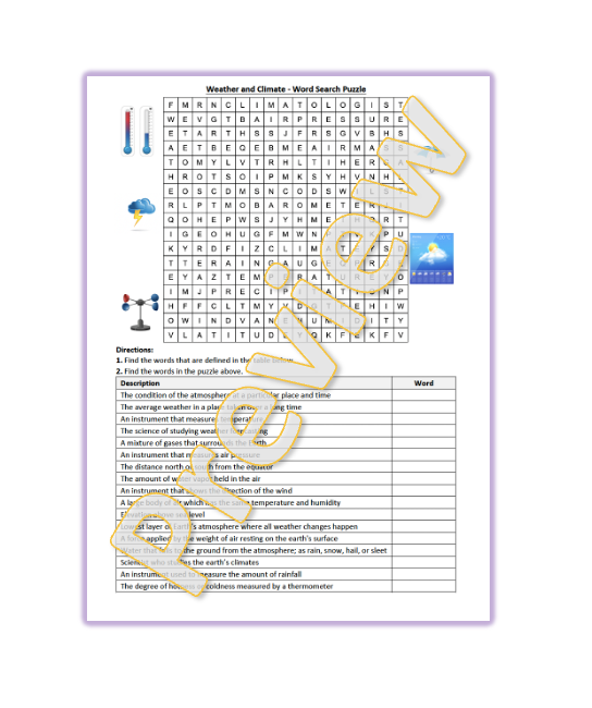 Weather and Climate - Word Search Puzzle Worksheet (Printable PDF ...