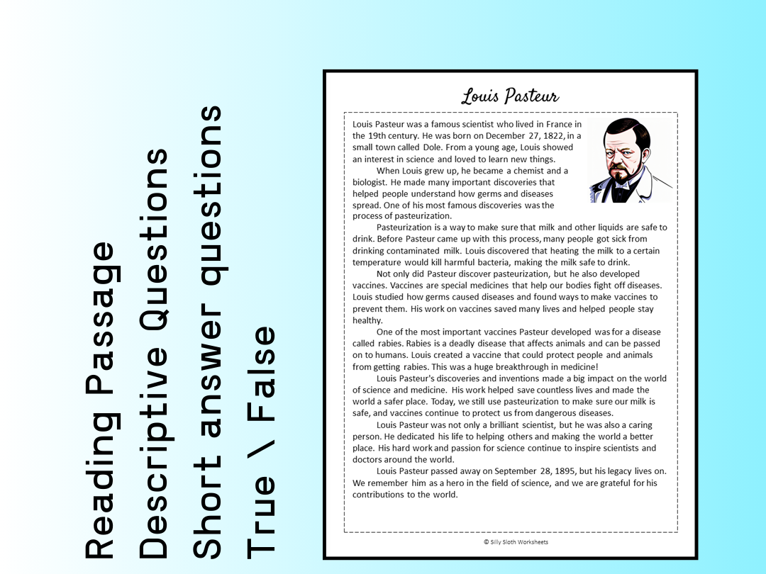 Louis Pasteur Biography Reading Comprehension Passage Printable Worksheet PDF | Teaching Resources