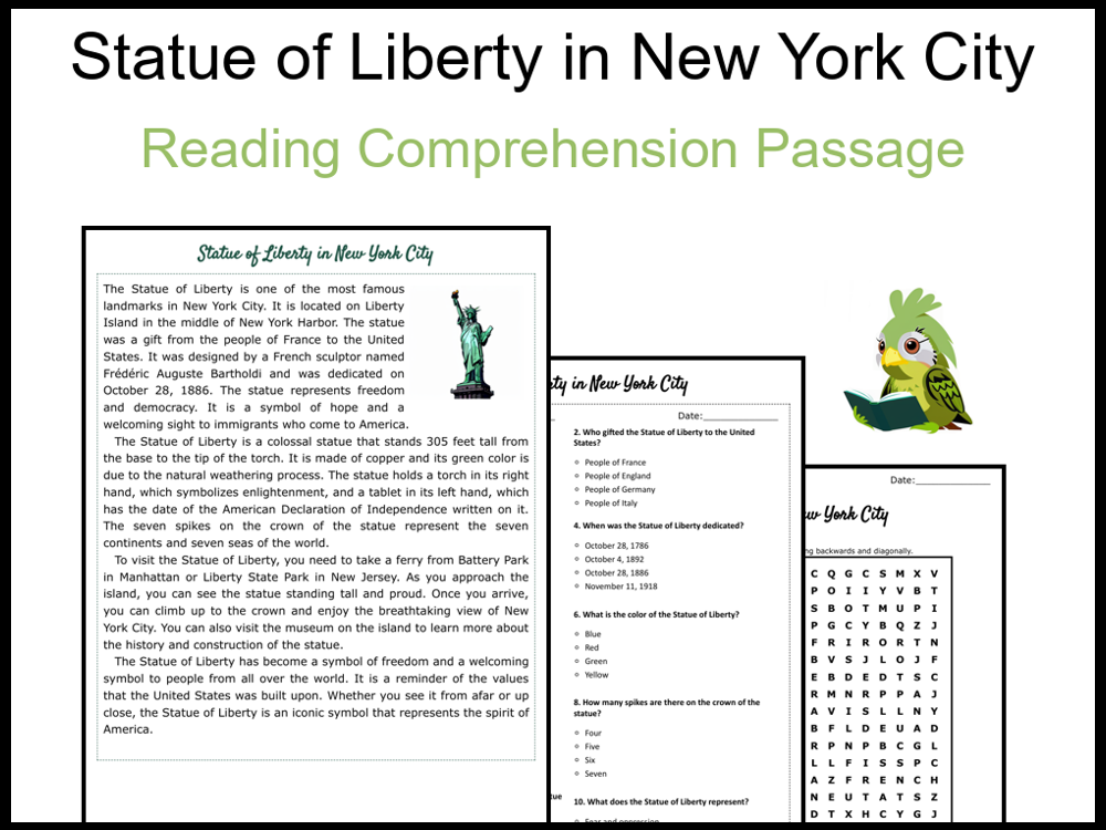 Statue of Liberty in New York City Reading Comprehension and Word ...