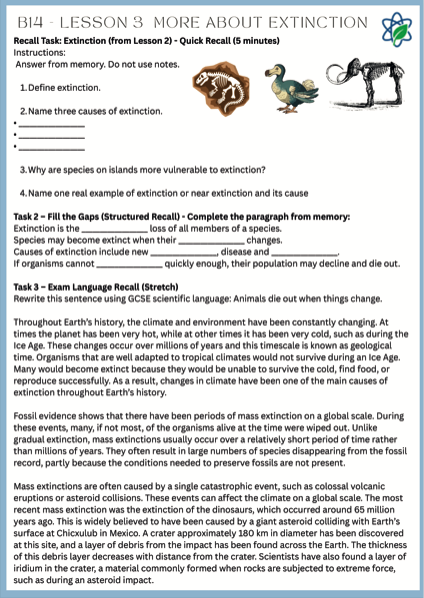 B14/L3 - More About Extinction Lesson Worksheet With Answers/GCSE/AQA ...