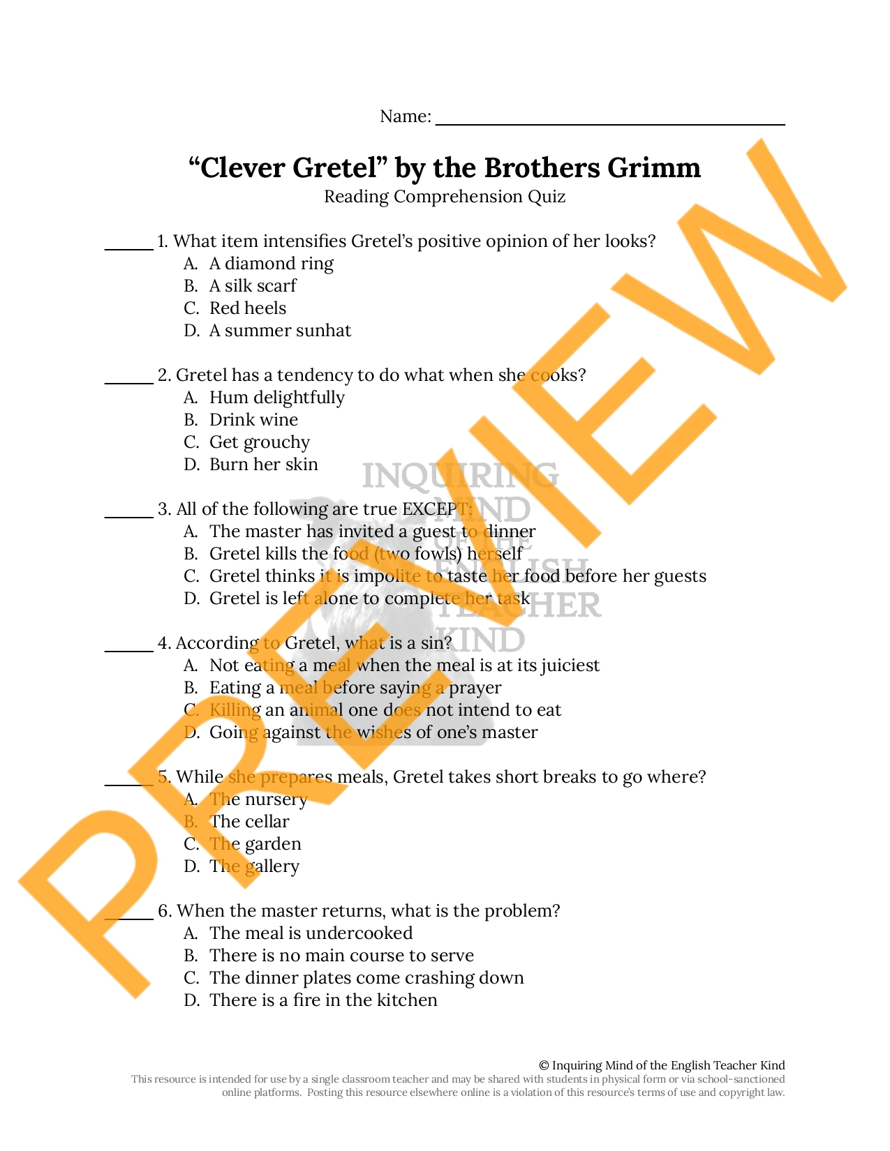 "Clever Gretel" by the Brothers Grimm Quiz and Answer Key | Teaching ...