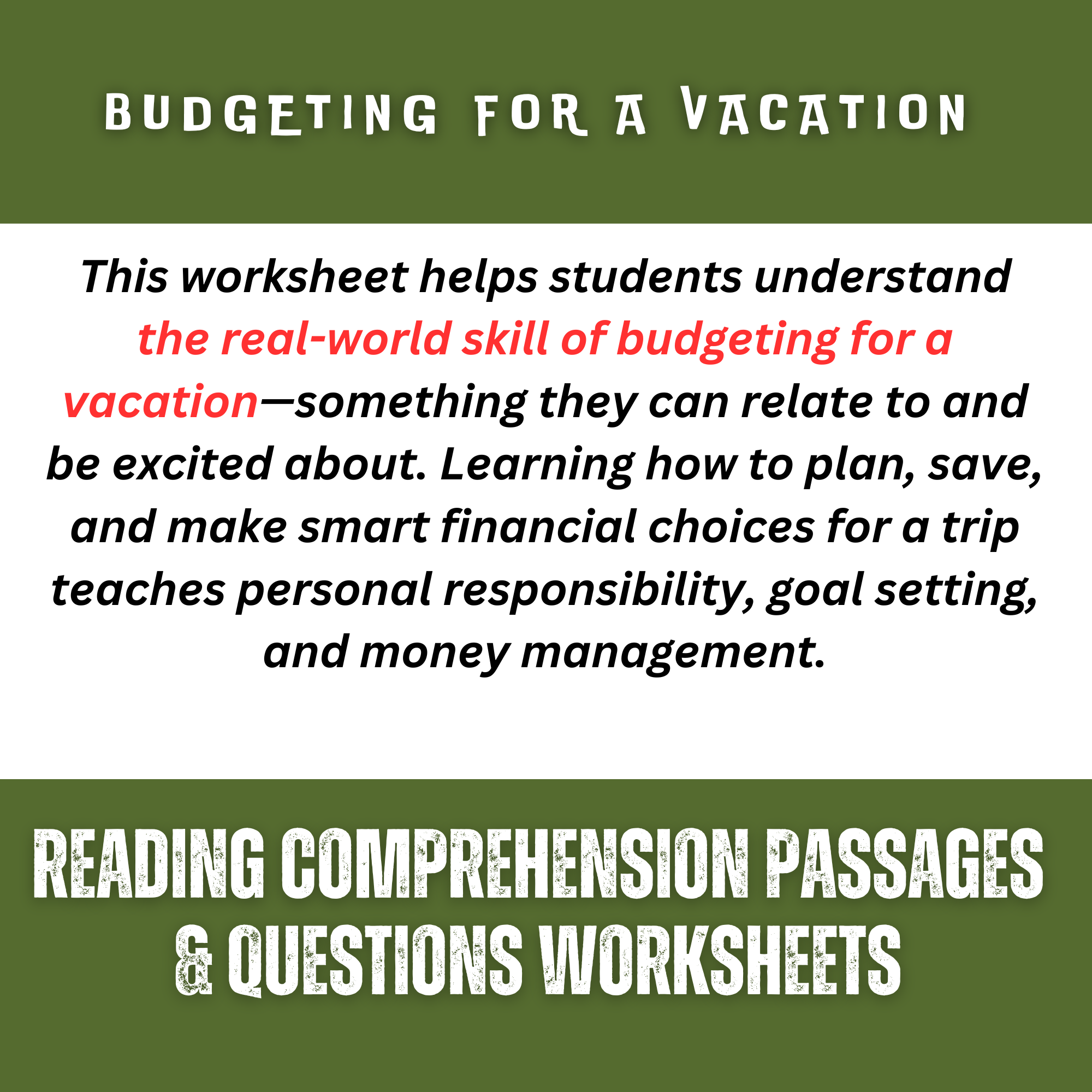 Budgeting for a Vacation - Economics Reading Worksheet | Teaching Resources