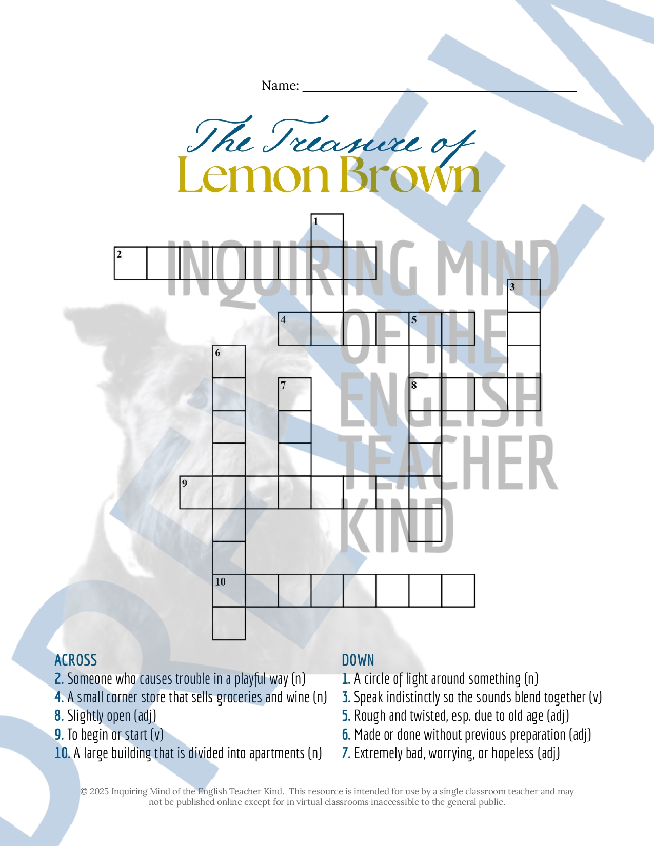 "The Treasure of Lemon Brown" by Walter Dean Myers Vocabulary ...