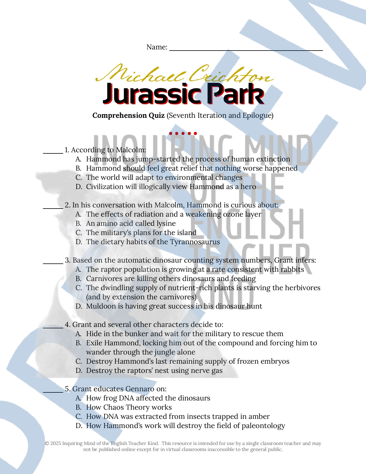 Jurassic Park by Michael Crichton Seventh Iteration Quiz and Answer Key ...