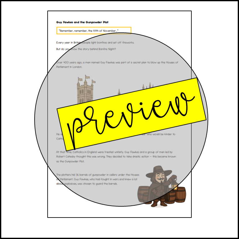 Guy Fawkes and the Gunpowder Plot KS2 Reading Comprehension | Bonfire ...