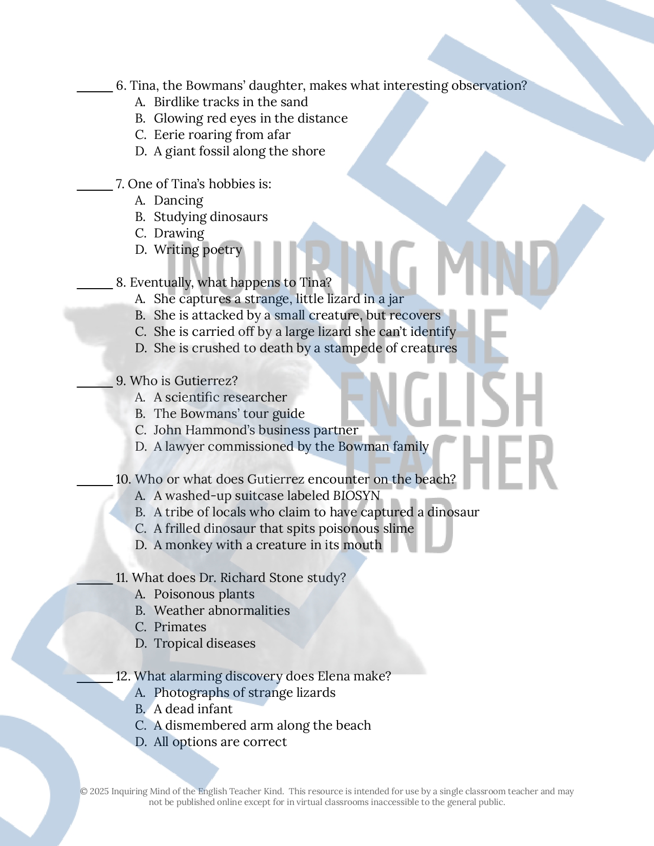 Jurassic Park by Michael Crichton First Iteration Quiz and Answer Key ...