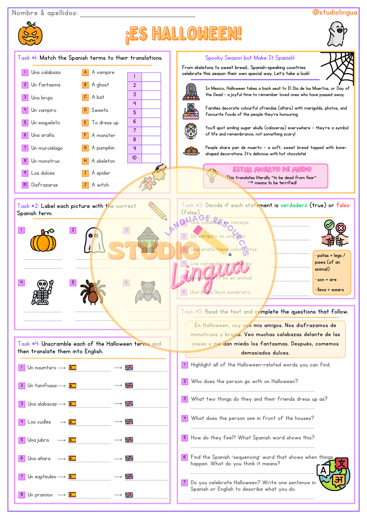Spanish Halloween Vocabulary Worksheet | KS2 / KS3 / Beginners Spanish ...