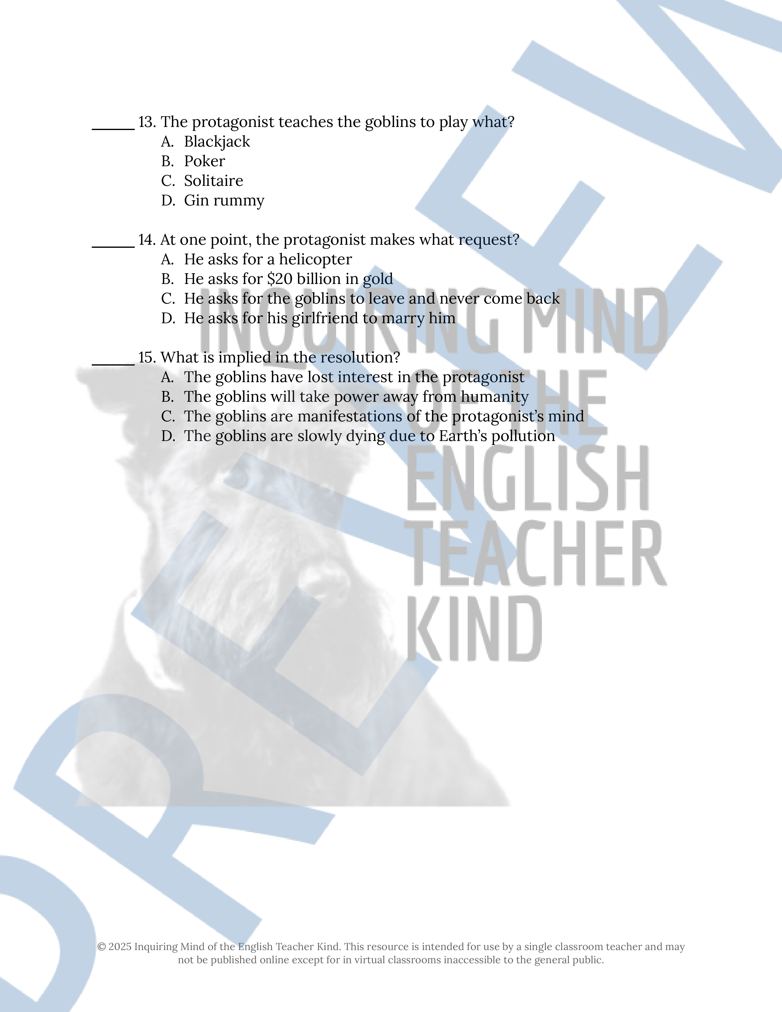 "The Goblins Will Get You" by Hugh Raymond Quiz and Answer Key (Dark ...