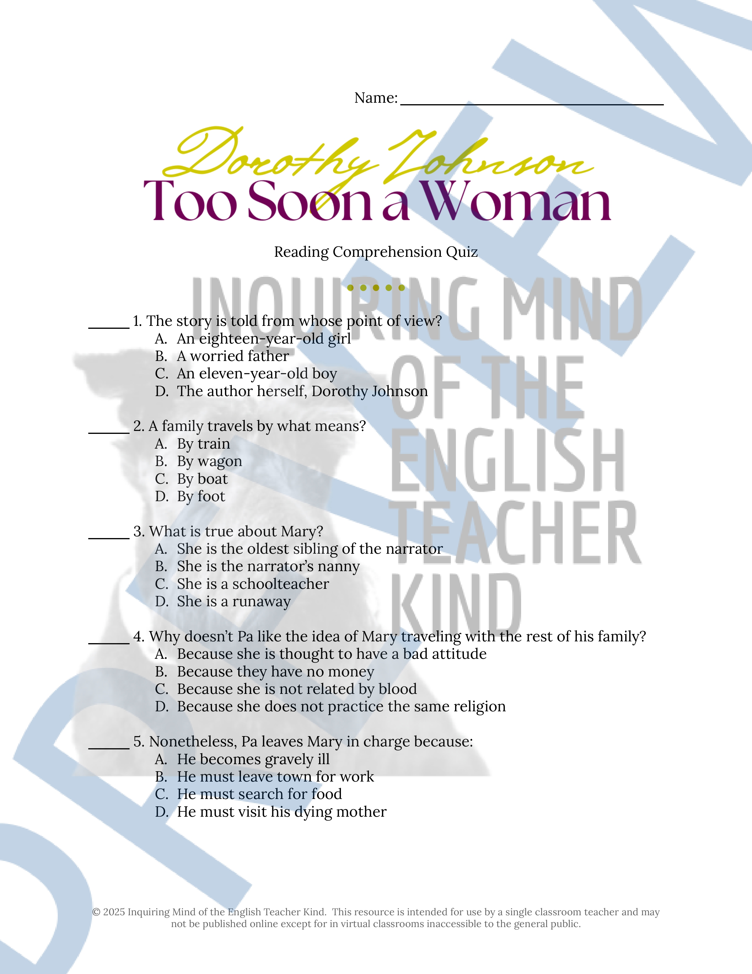 "Too Soon a Woman" by Dorothy Johnson Quiz and Answer Key | Teaching ...