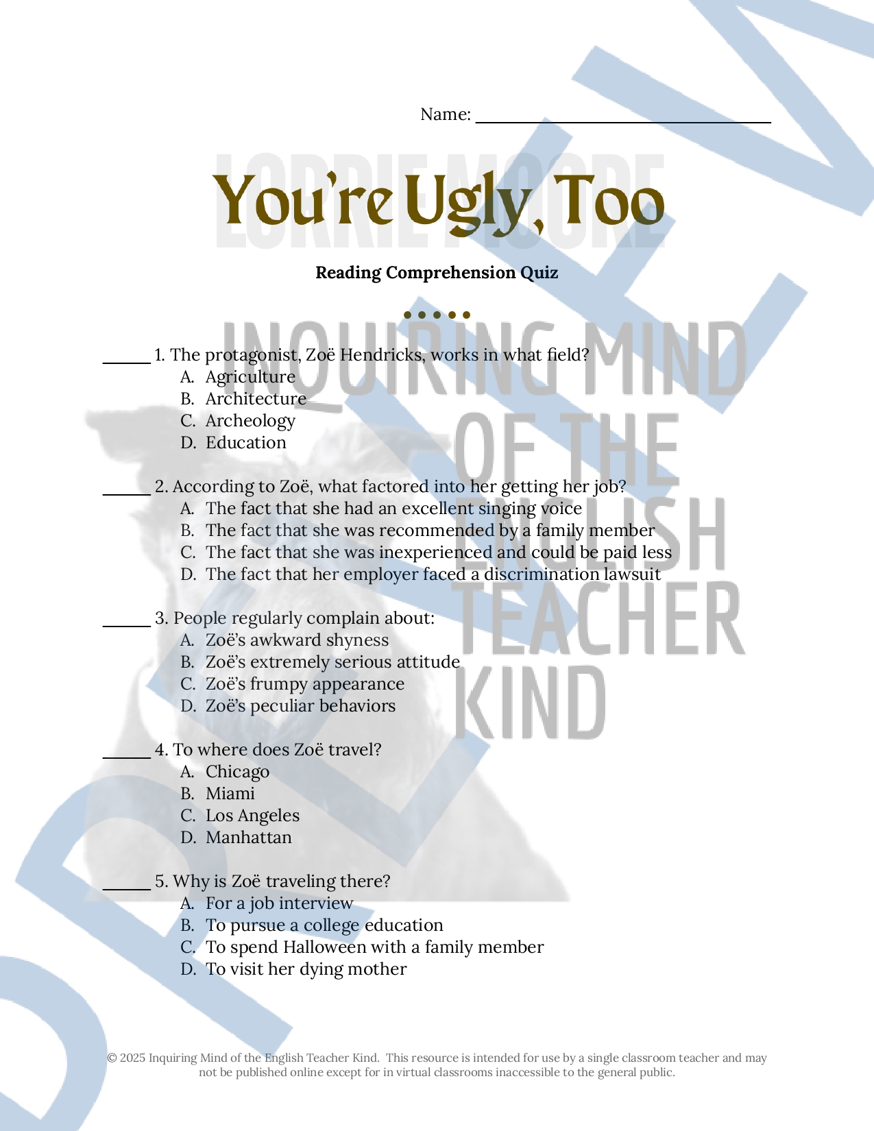 "You're Ugly, Too" by Lorrie Moore Quiz and Answer Key | Teaching Resources