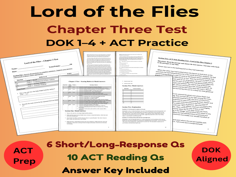 Lord of the Flies Chapter 3 Test/Quiz (DOK 1–4 + ACT-Style Reading ...