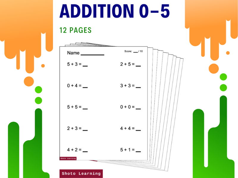 SINGLE DIGIT ADDITION WORKSHEETS 0 5 Horizontal Math Practice Problems 