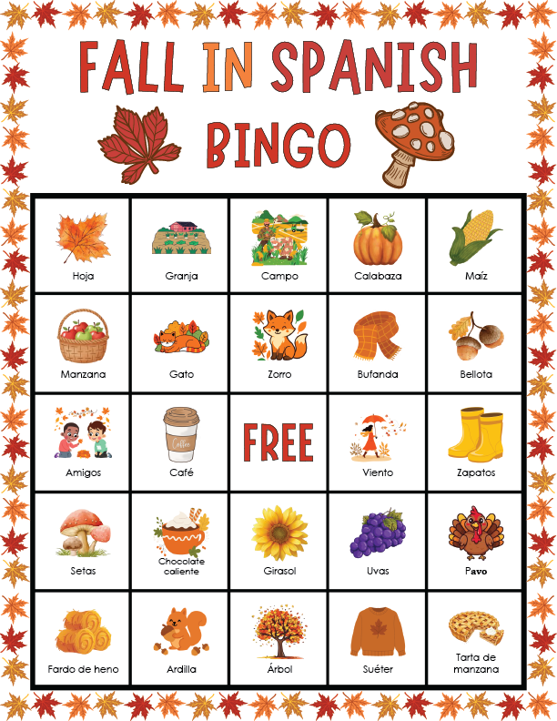 Autumn in Spanish Bingo de Otoño No Prep Fall Vocabulary Activities in ...