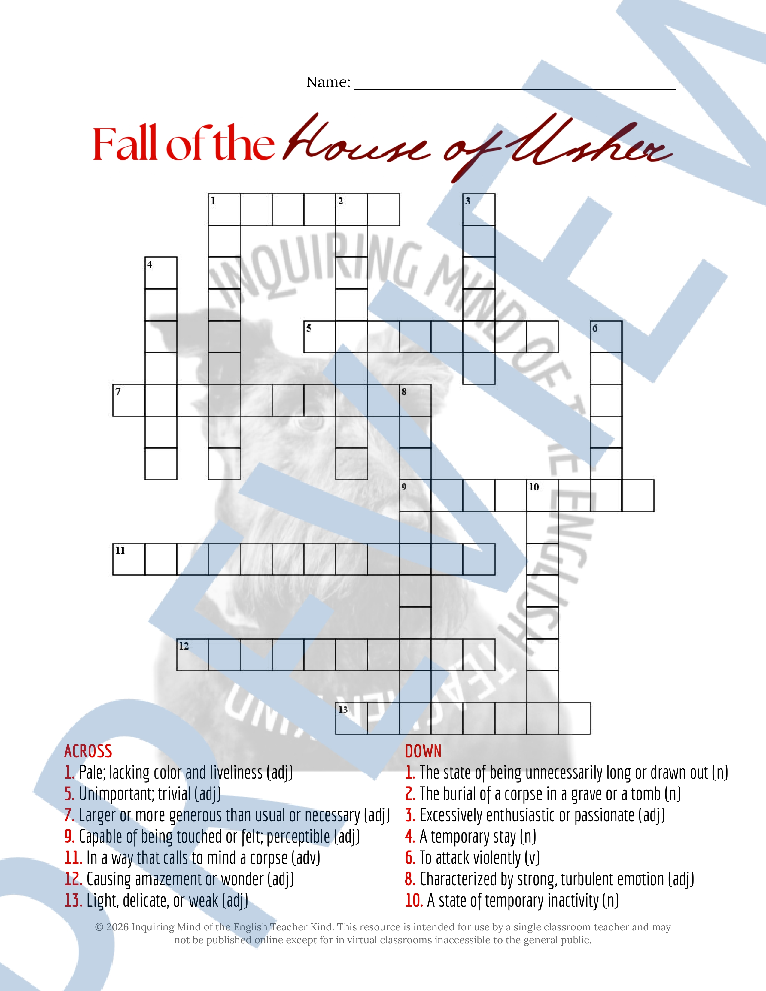 "Fall of the House of Usher" Vocabulary Games | Crossword Puzzle | Word ...