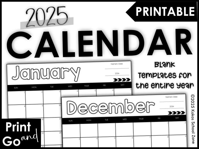 2025 Blank Monthly Calendar Template - Printable - | Teaching Resources