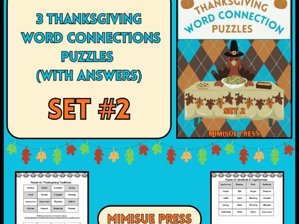 3 Thanksgiving Word Connections Puzzles SET 2 (Holiday/Party Game ...