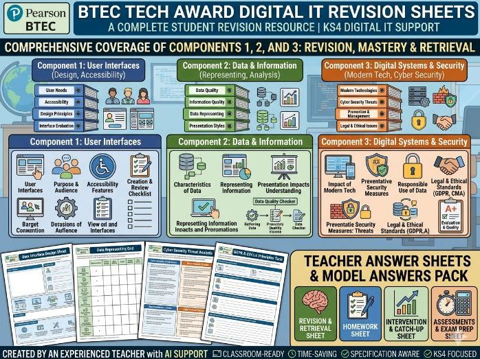 Pearson BTEC Tech Award in Digital IT Revision Sheets | Components 1, 2 ...
