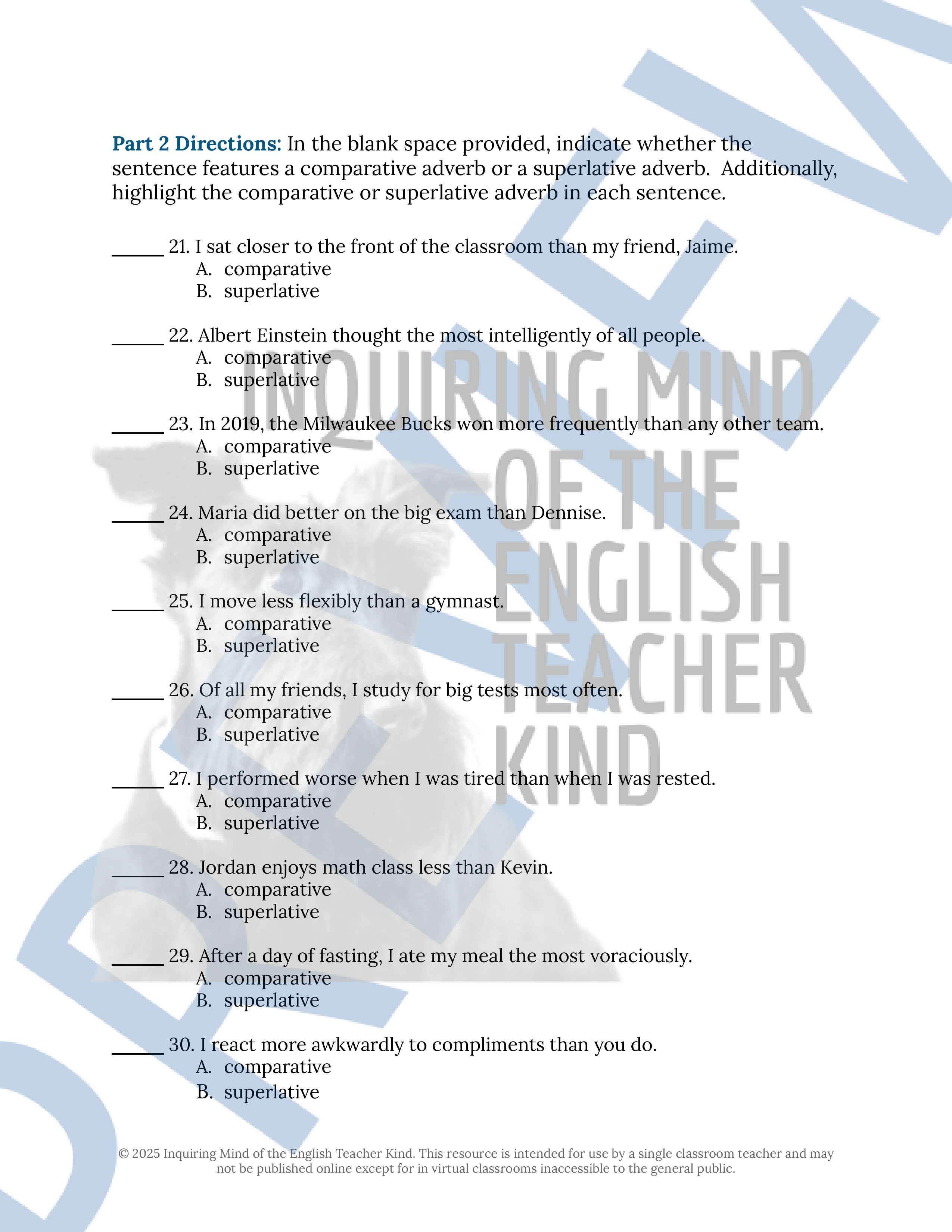 Grammar Worksheet on Comparative and Superlative Adverbs with Answer ...