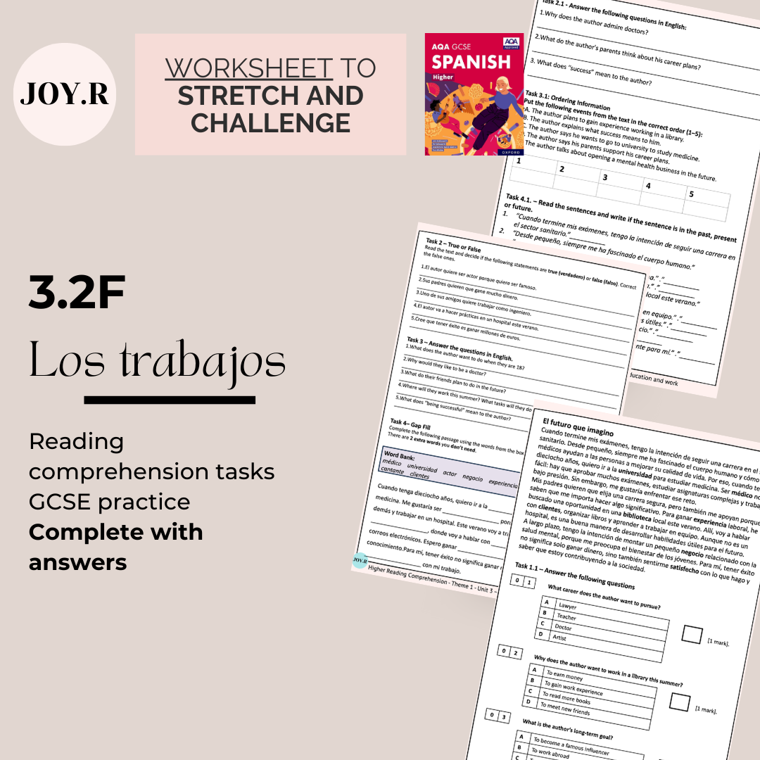 3.2F Los trabajos (jobs) STRETCH AND CHALLENGE worksheet - New Spanish ...