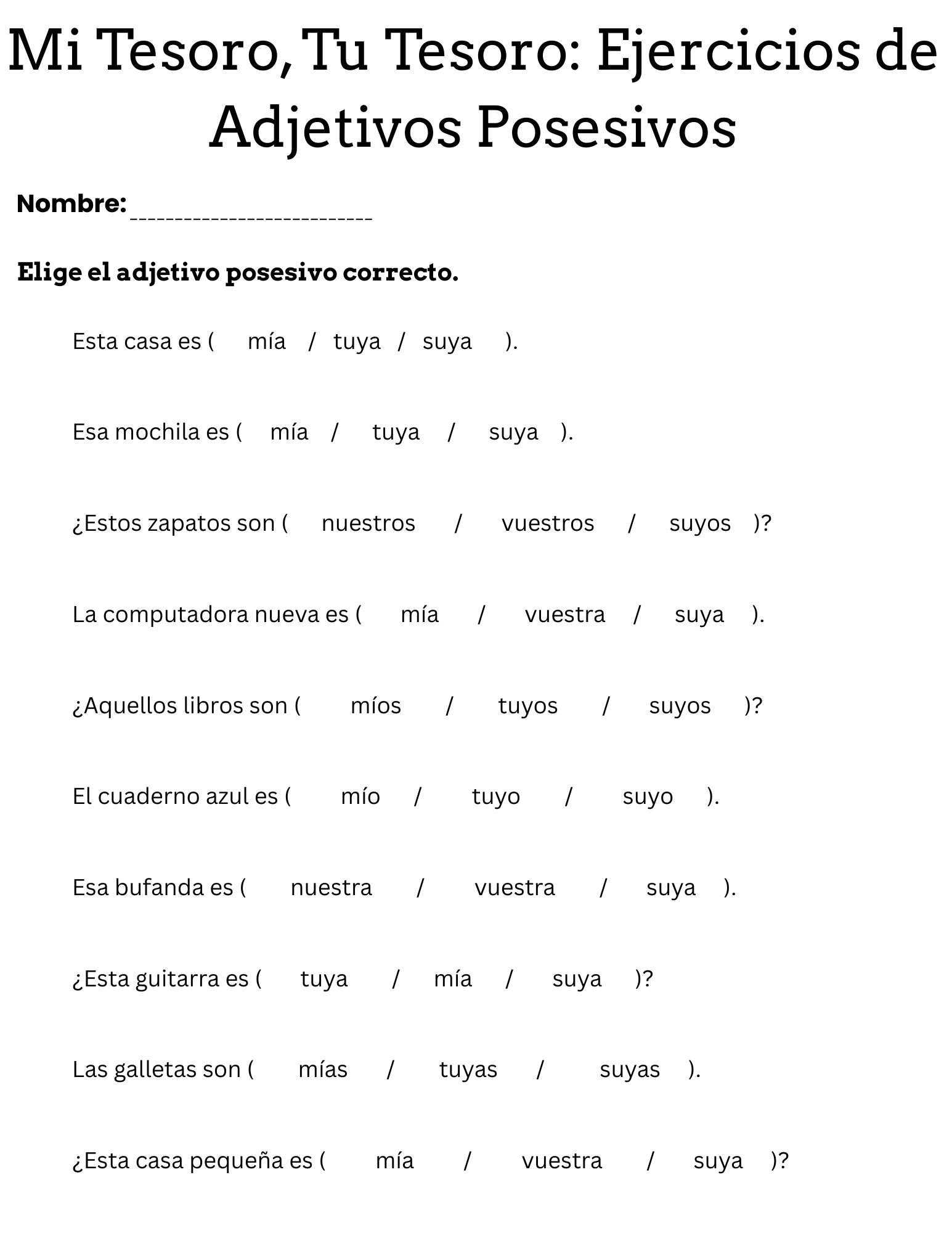 stressed possessive adjectives in spanish worksheet with answer key ...